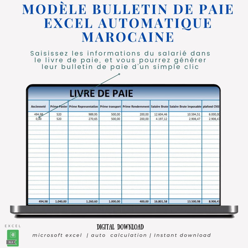 Modèle Bulletin De Paie Excel Automatique Marocaine (payroll ǀ Wage ...