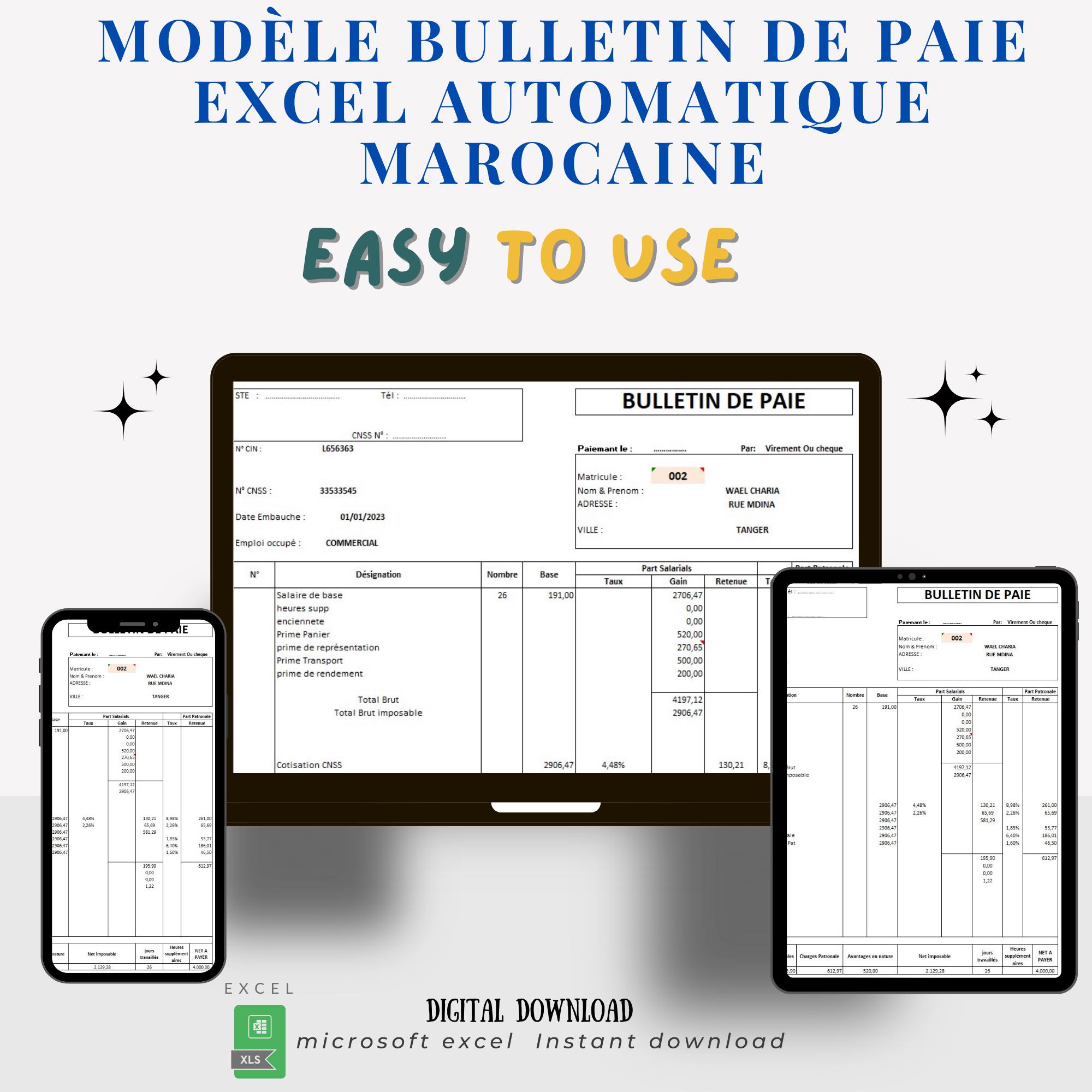 Modèle Bulletin De Paie Excel Automatique Marocaine (payroll ǀ Wage ...