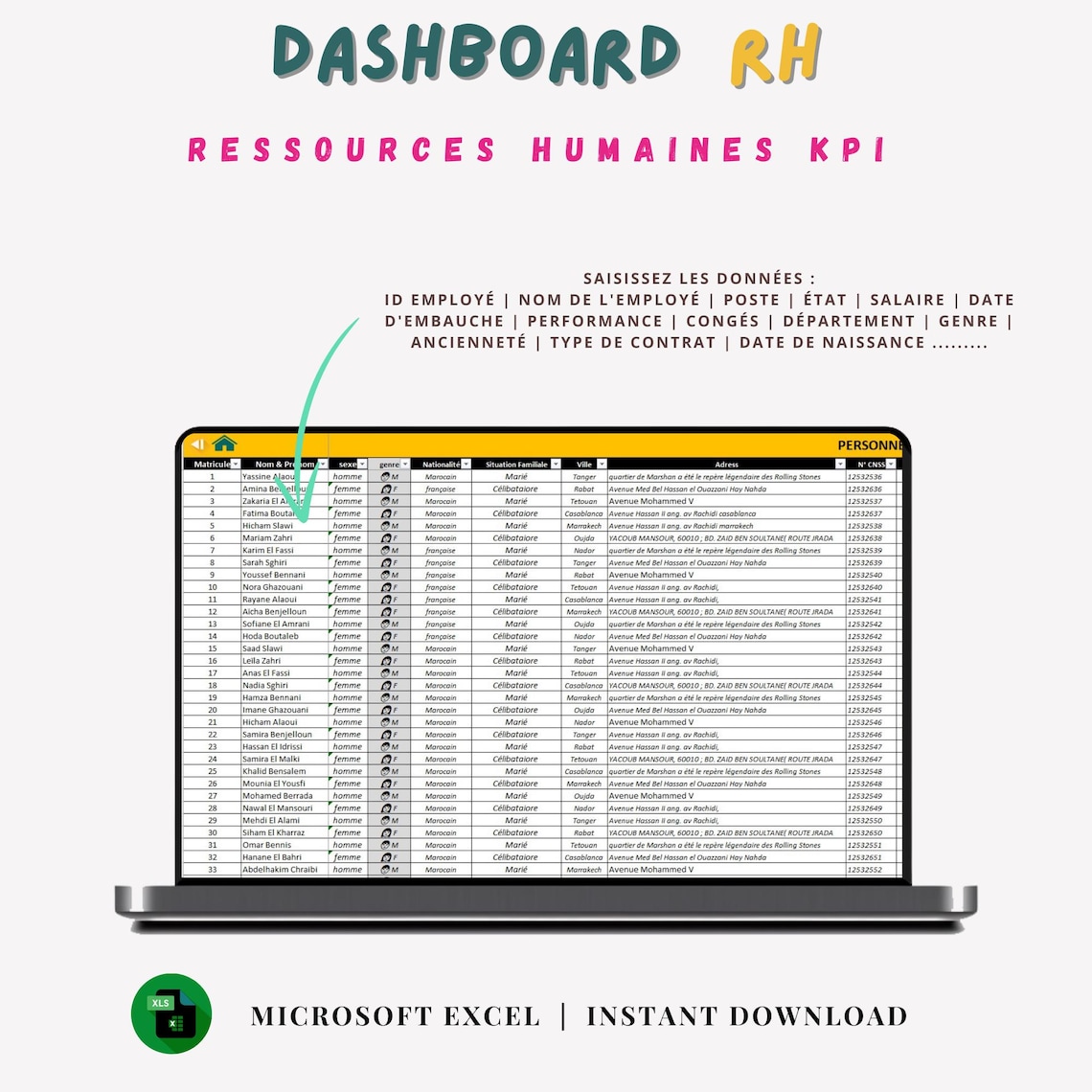 Human Resources Dashboard in Microsoft Excel in French - Etsy