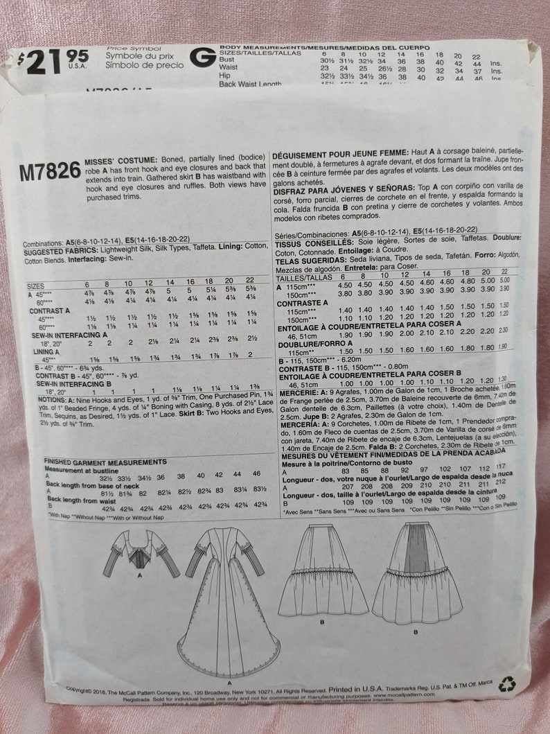 Mccall's 7826 Misses 18th Century Costume Gown Pattern - Etsy