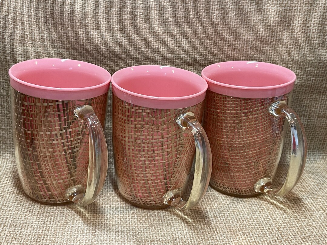 Vintage Raffia-ware Pink Color Mugs Set of 3/1960's Raffia-ware Mugs ...