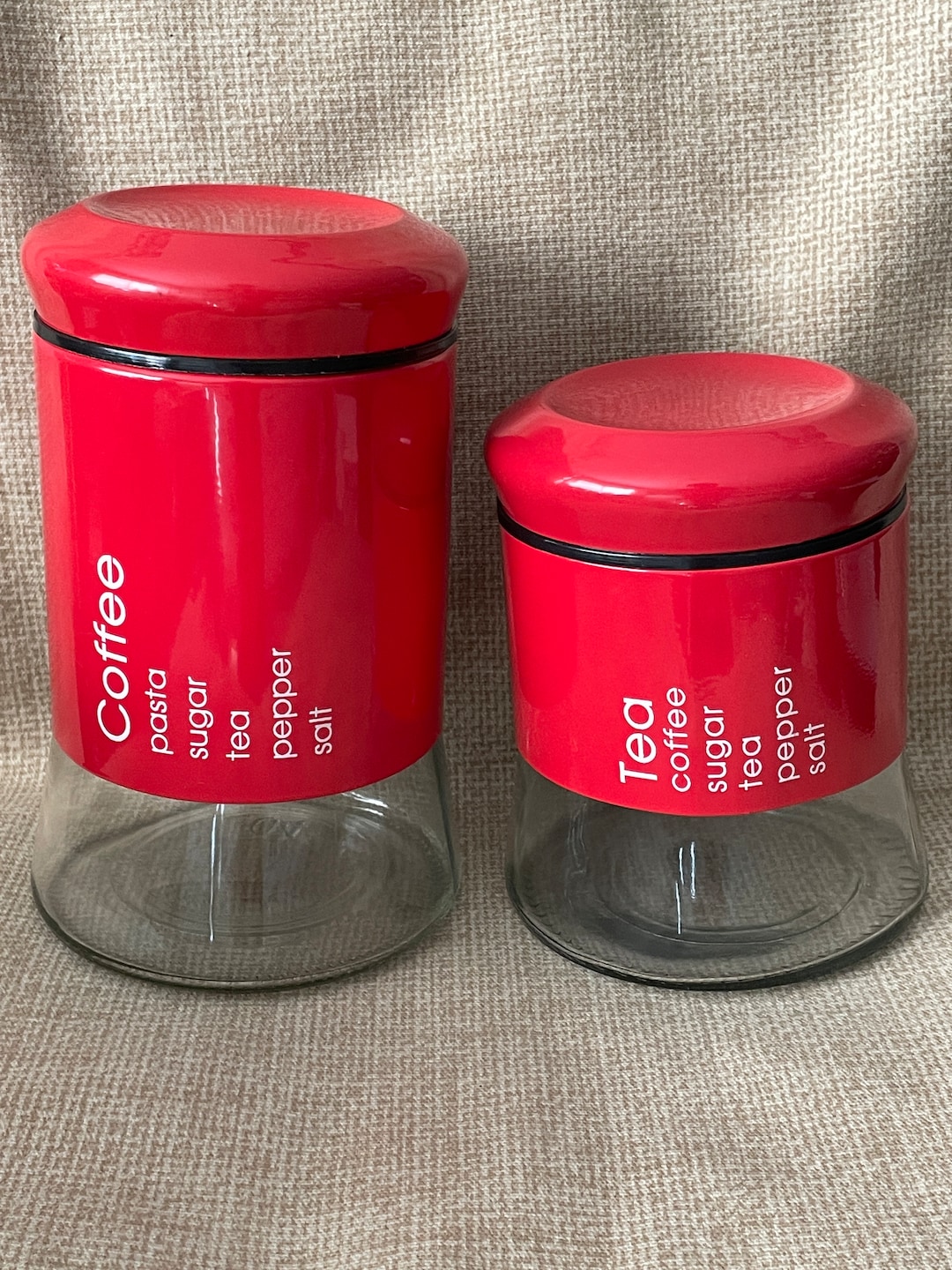 Vintage MCM Red Graphic Text Lettering Canister Jar/red Lid Glass ...
