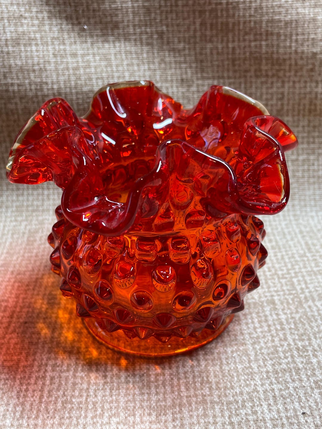 Vintage Fenton Amberina Hobnail Ruffled Flared Small Vase/deep Orange ...
