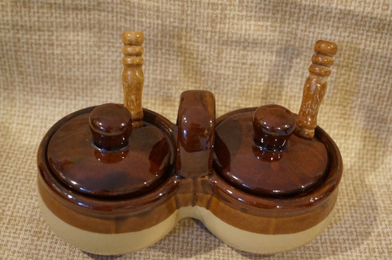 Vintage Stoneware Double Pot Condiment Server with Spoons Kitchen ...