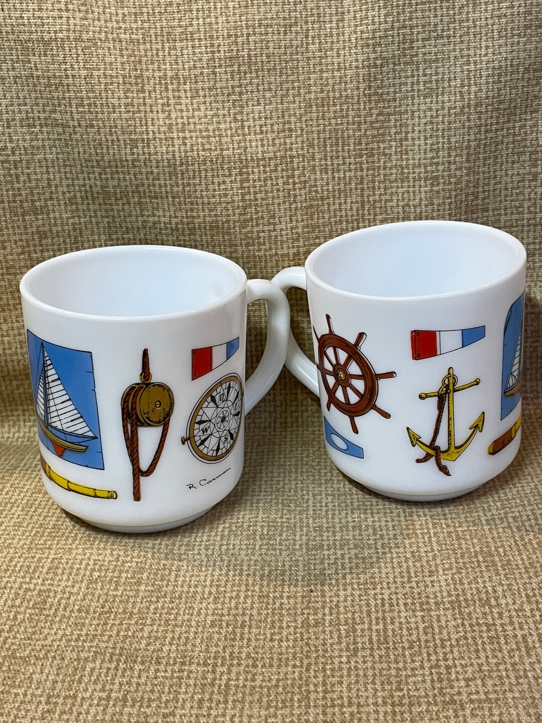 Vintage Arcopal Milk Glass Nautical Coffee Mugs Set of 2/milk Glass ...