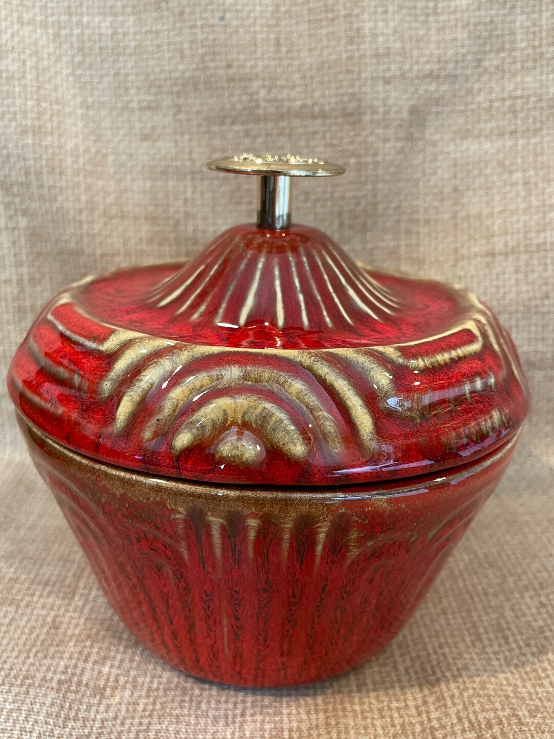 Vintage MCM California Pottery Red and Gold Glaze Covered Dish/home ...