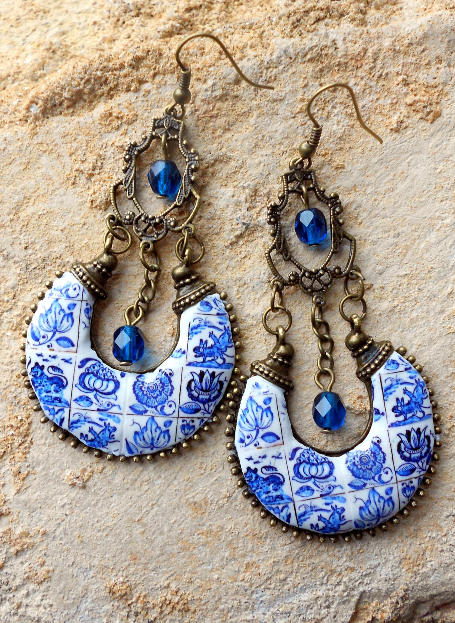Ethnic Bohemian Gypsy Persian Earrings Portugal Antique Azulejo Tile ...