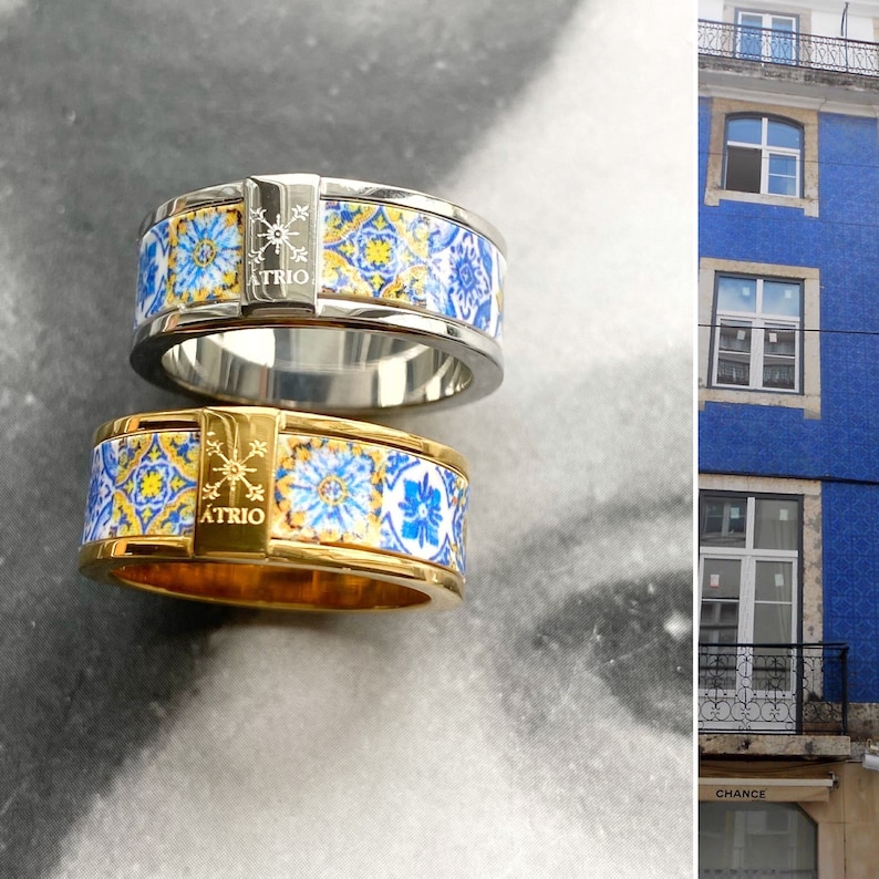 Atrio Tile Ring Portugal Gold Blue Tiles Stainless STEEL - Etsy