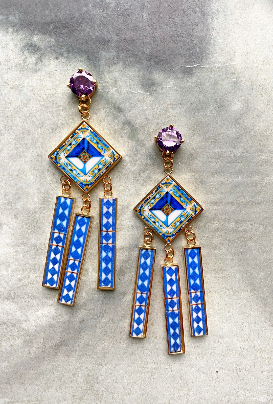 Atrio Fringe Earrings Tile Dangle Portugal Azulejo - Cubic Zirconia ...