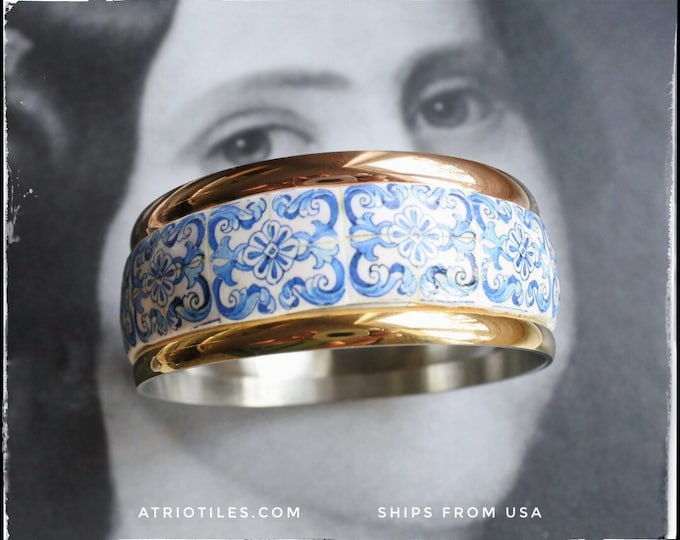 Bangle Bracelet Tile Portugal Atrio BLUE Azulejo Stainless Steel Aveiro ...