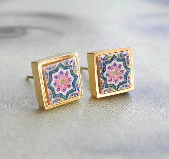 STUD Earrings Portugal Tile Azulejo Tile SOLID Stainless Steel - Etsy