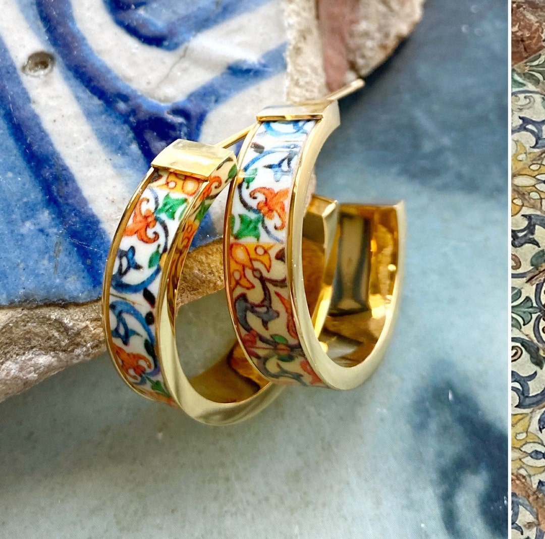 HOOP Earrings ATRIO Portugal Tile 1" Post Antique Azulejo Pinterest ...