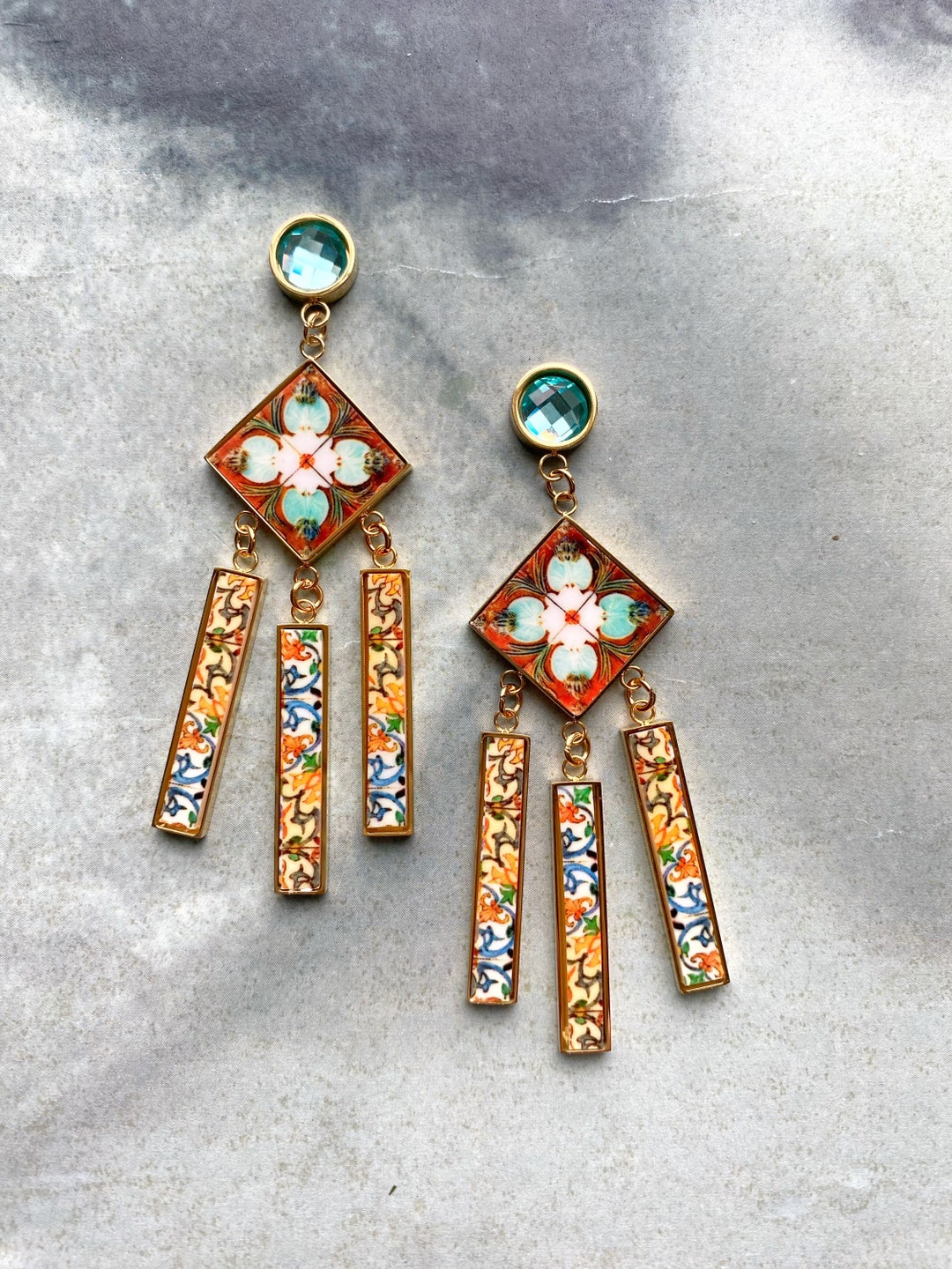 Atrio Fringe Earrings Tile Dangle Portugal Azulejo - Glass Studs Hypo ...