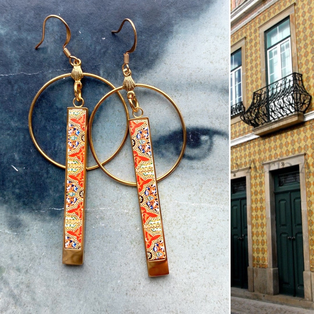 Atrio Earrings Red Tile Circle Bar Portugal Antique Azulejo Ovar Gold ...