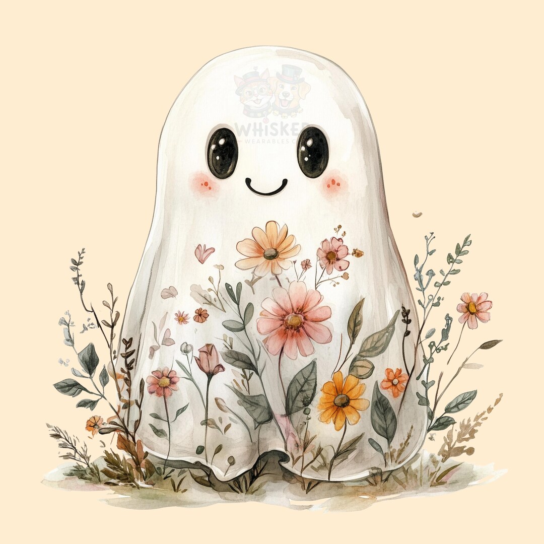 Cute Watercolor Floral Ghost PNG Whimsical Design for POD Halloween ...