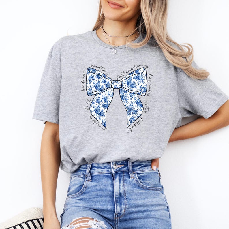 Blue Flower Bow Shirt, Blue Toile Bow Trendy Shirt, Fall Girly Bow T ...