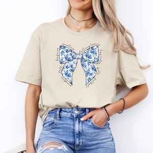 Blue Flower Bow Shirt, Blue Toile Bow Trendy Shirt, Fall Girly Bow T ...