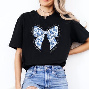 Blue Flower Bow Shirt, Blue Toile Bow Trendy Shirt, Fall Girly Bow T ...