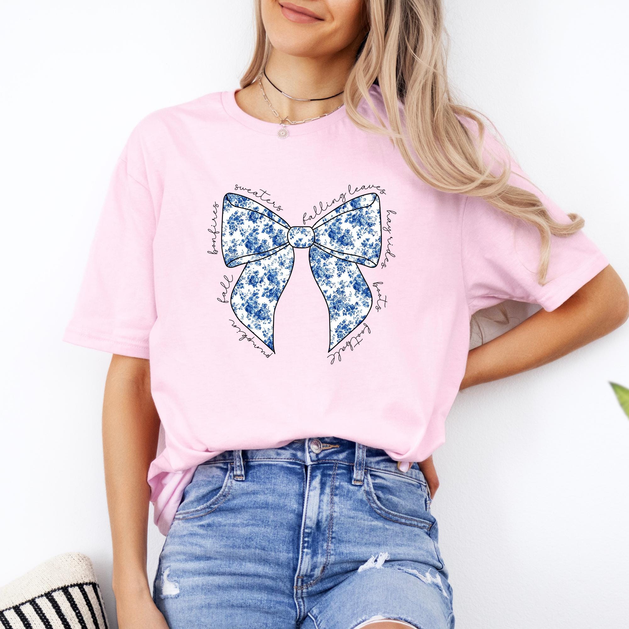 Blue Flower Bow Shirt, Blue Toile Bow Trendy Shirt, Fall Girly Bow T ...