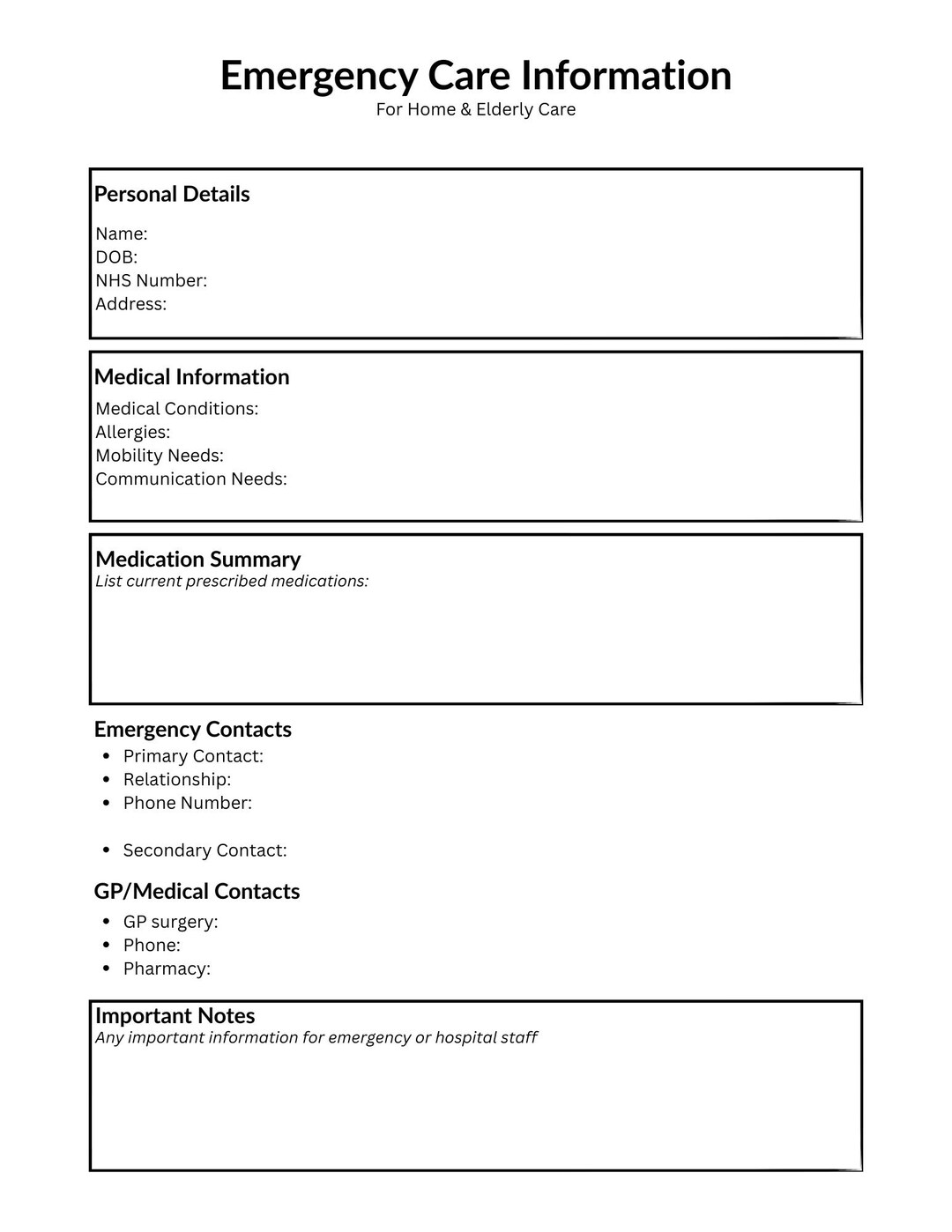 Emergency Care Information Sheet | Elderly Care Info | Printable Home ...