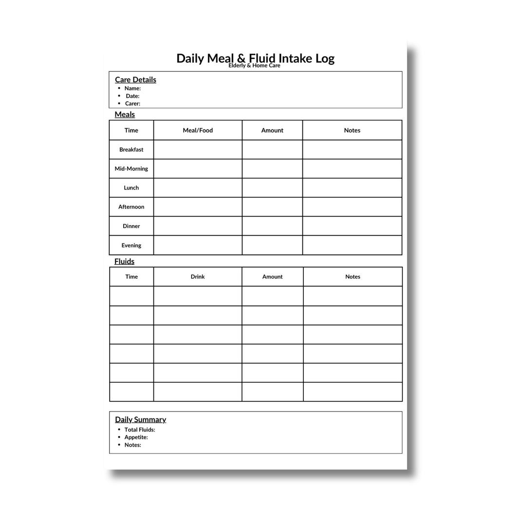 Daily Meal & Fluid Intake Log Printable | Elderly Home Care Food ...