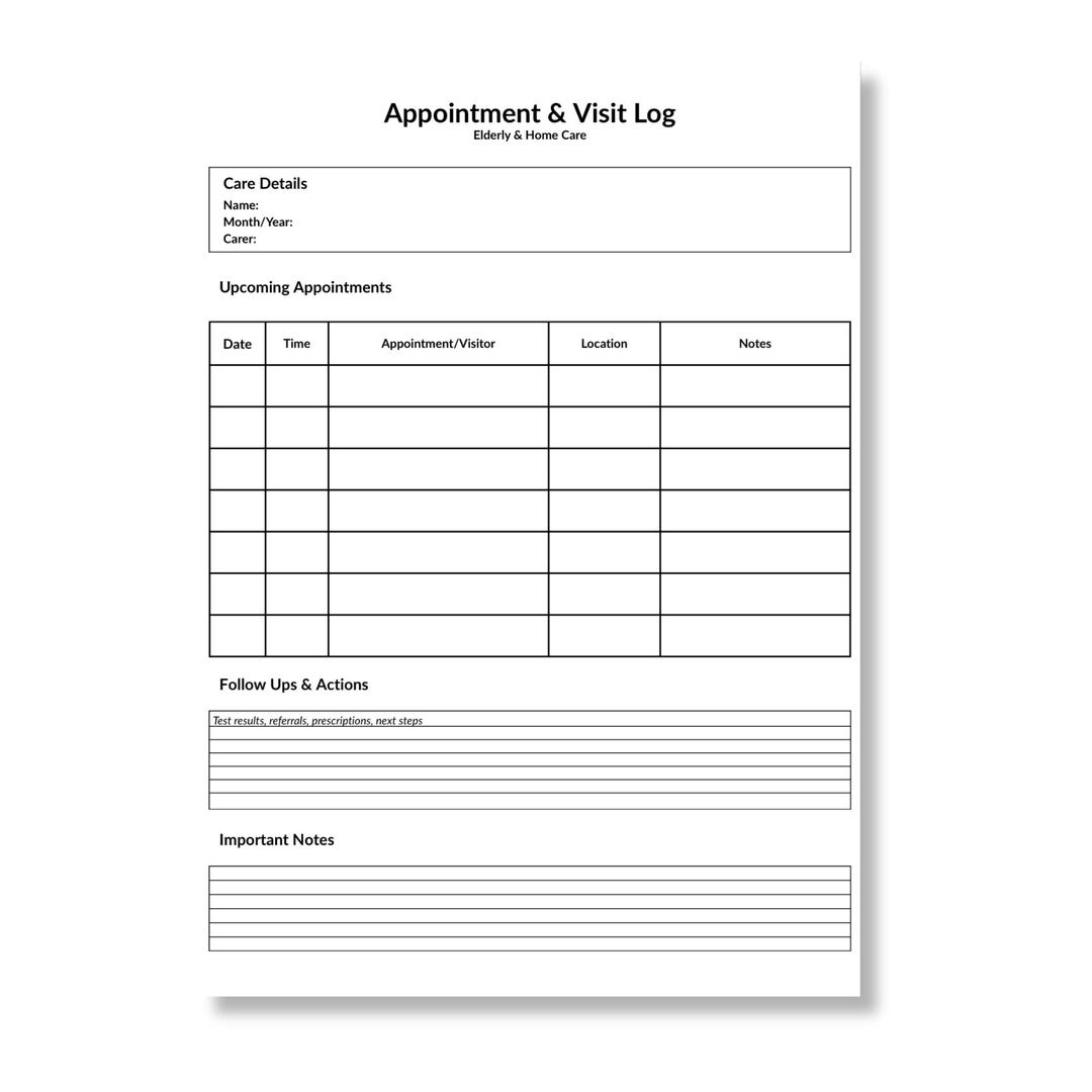 Appointment & Visit Log Printable | Elderly Home Care Planner | Carer ...