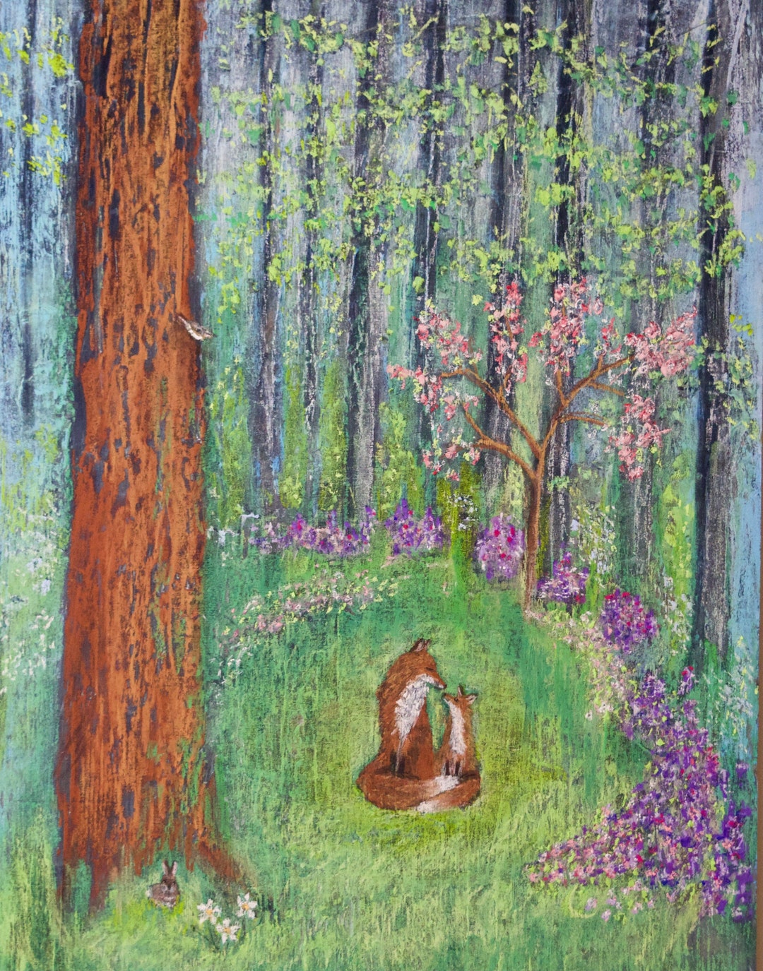 Spring Fox and Kit in Forest, Blackboard Drawing 11 by 14 - Etsy