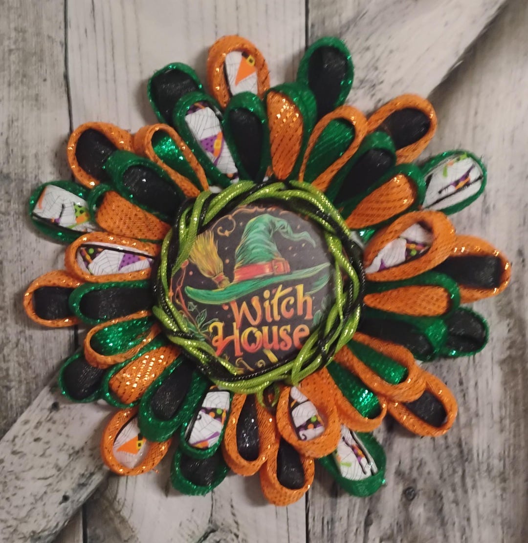 Halloween Mesh Wreath – Witch House Sign, Orange and Green Decor - Etsy
