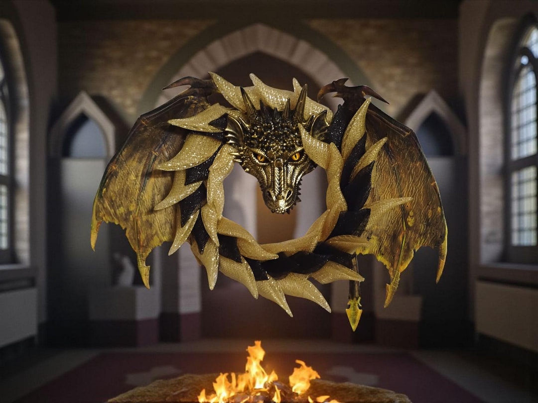 Fantasy Dragon Wreath – Gold Black Wings, Game Room Decor - Etsy
