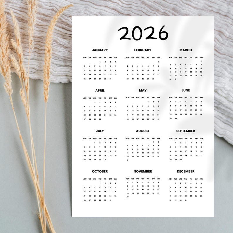 2026 Year Calendar Printable Landscape, Minimalist Calendar, Yearly ...