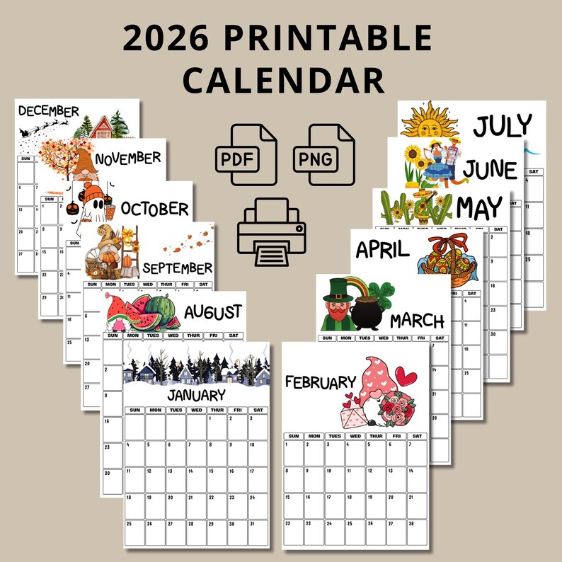 2026 Monthly Calendar Printable Landscape, Minimalist Calendar, Yearly ...