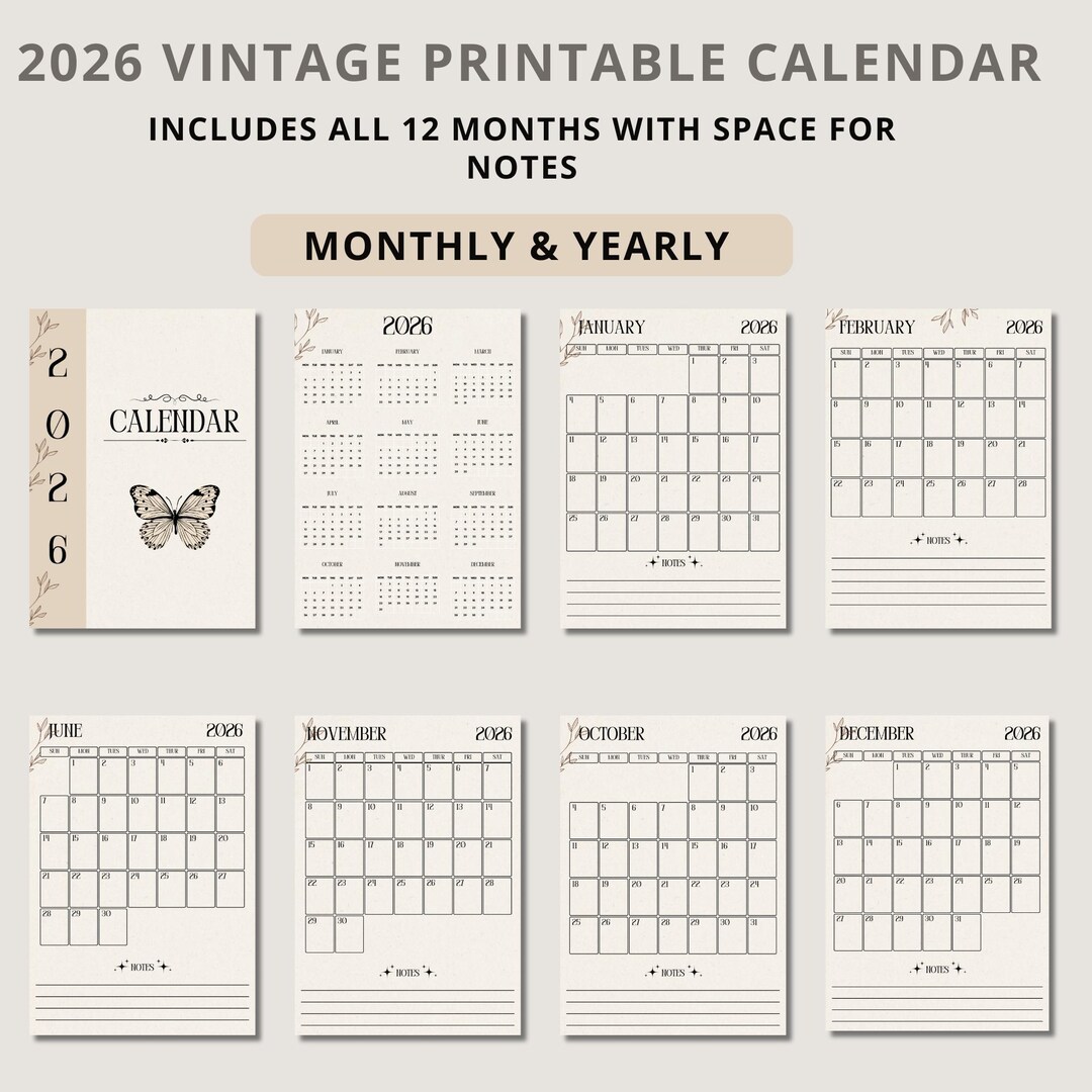 2026 Monthly Calendar Printable Landscape, Minimalist Calendar, Yearly ...