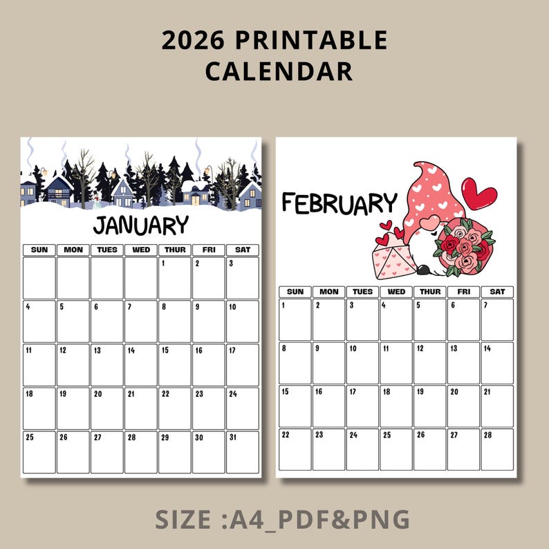 2026 Monthly Calendar Printable Landscape, Minimalist Calendar, Yearly ...