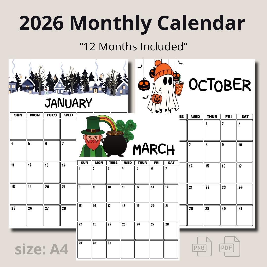 2026 Monthly Calendar Printable Landscape, Minimalist Calendar, Yearly ...