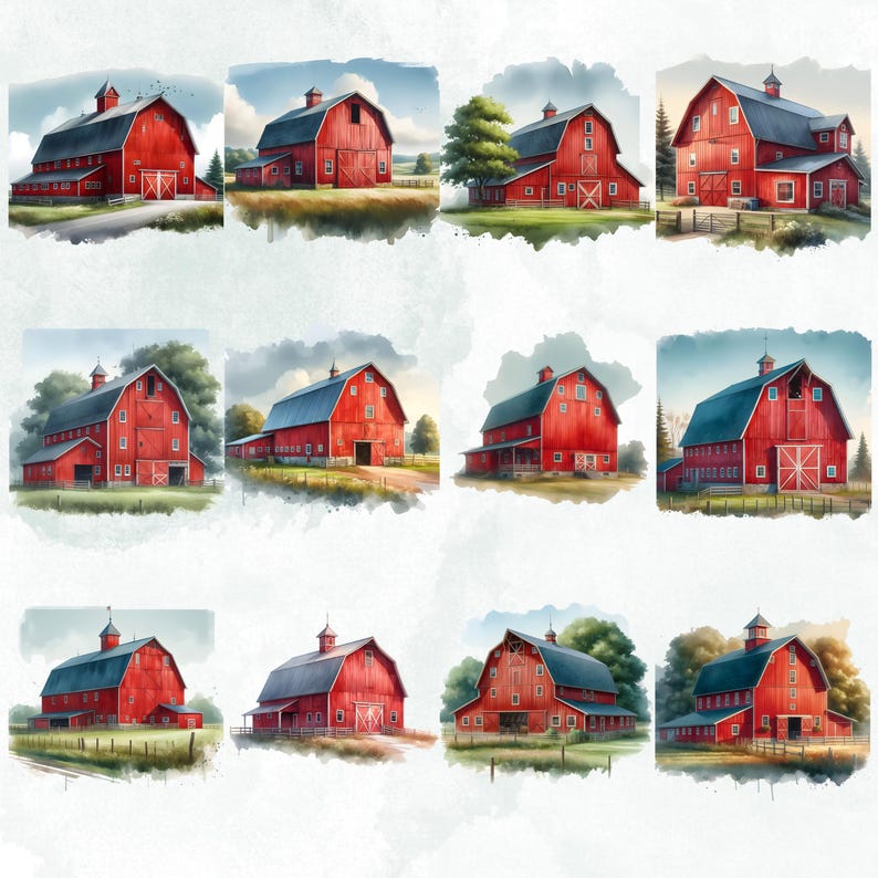 Red Farm Barn Clipart Collection, 24 Watercolor Pngs for Instant ...