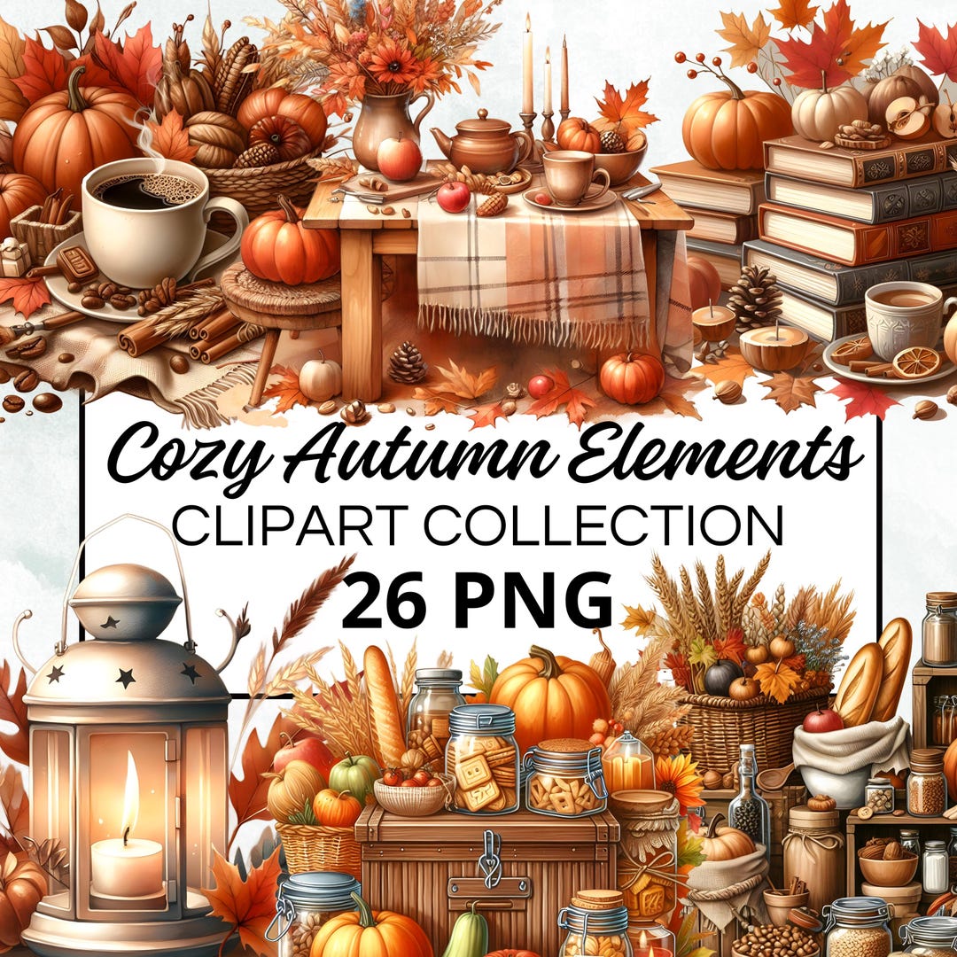 Cozy Autumn Elements Clipart Collection, 26 Watercolor Pngs for Instant ...
