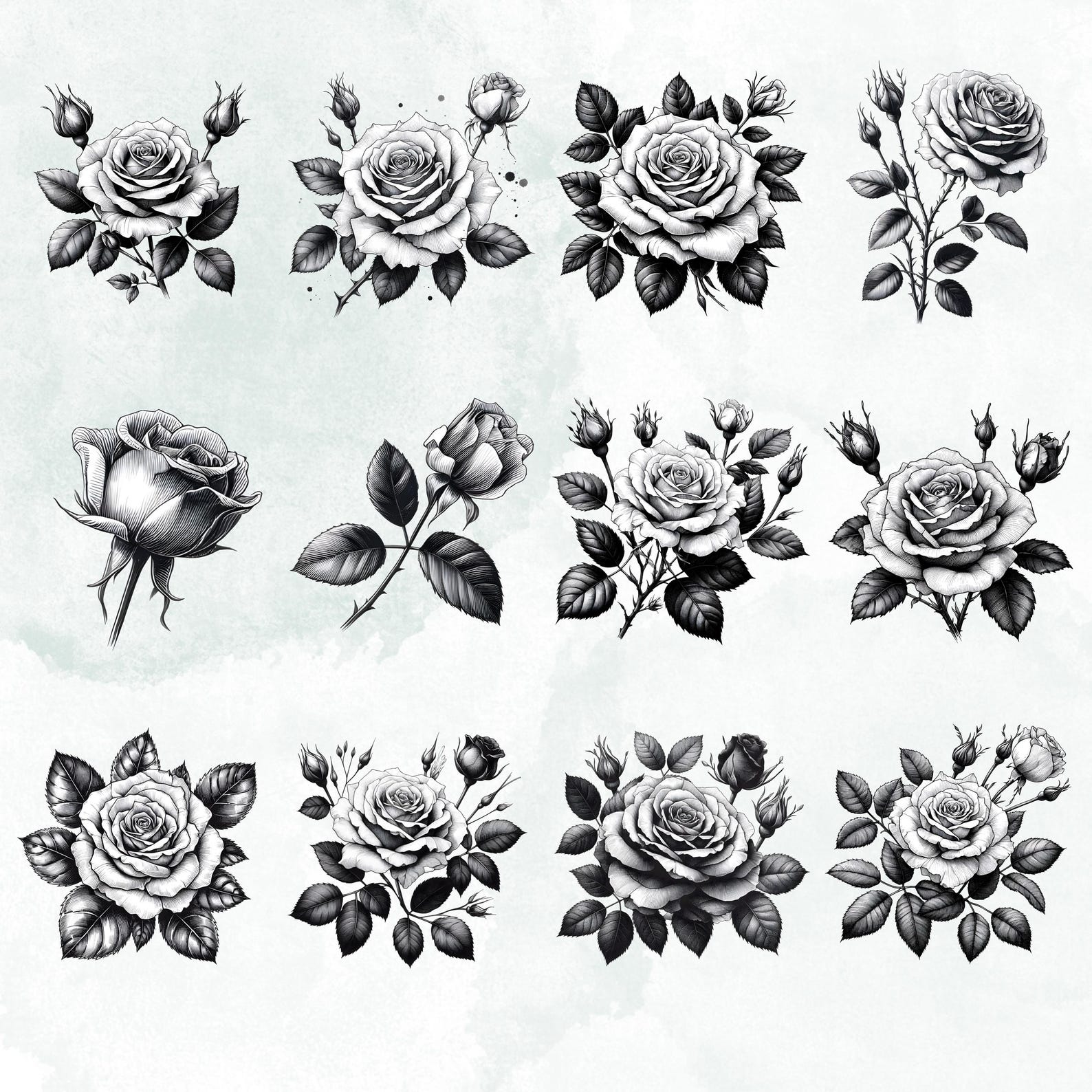 24 Watercolor Black Line Rose Clipart Bundle, Watercolor Clipart, PNG ...
