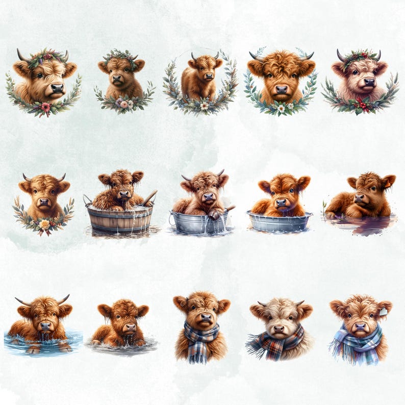 Highland Cow Baby Watercolor Clipart Bundle, Digital Scrapbook & Craft ...