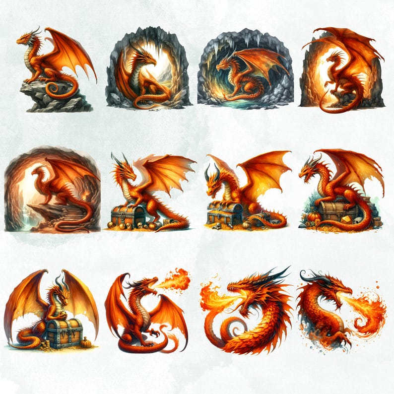 Dragon Orange Clipart Collection, 30 Watercolor Pngs for Instant ...