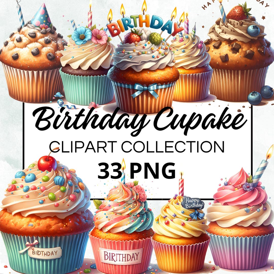 33 Clipart, Watercolor Birthday Cupcake, Watercolor Clipart, PNG Format ...