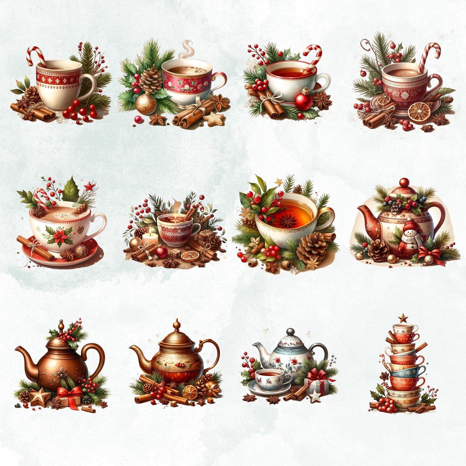 Christmas Tea Party Clipart Collection, 25 Watercolor Pngs for Instant ...