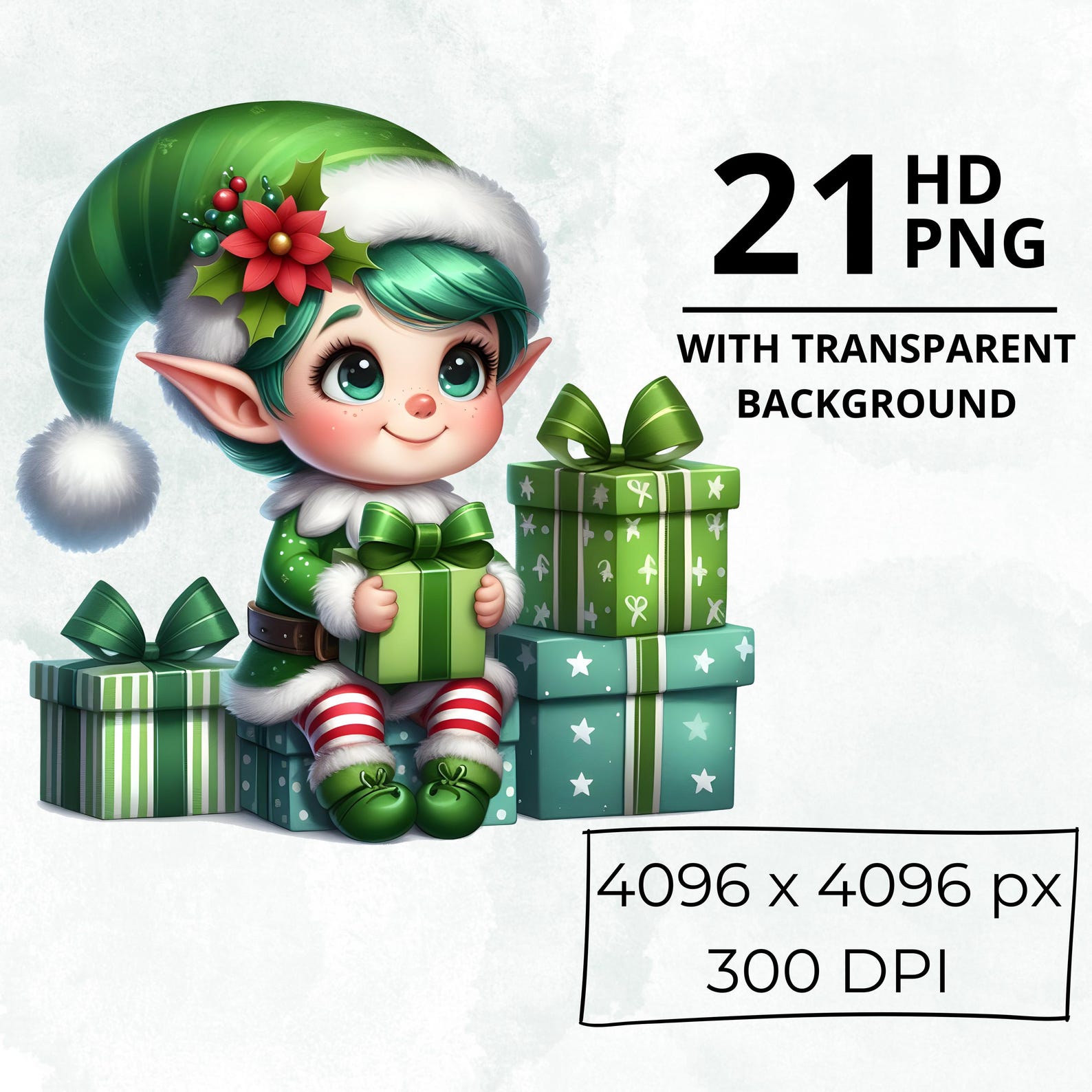 Cute Green Christmas Elf Clipart Collection, 21 Watercolor Pngs for ...