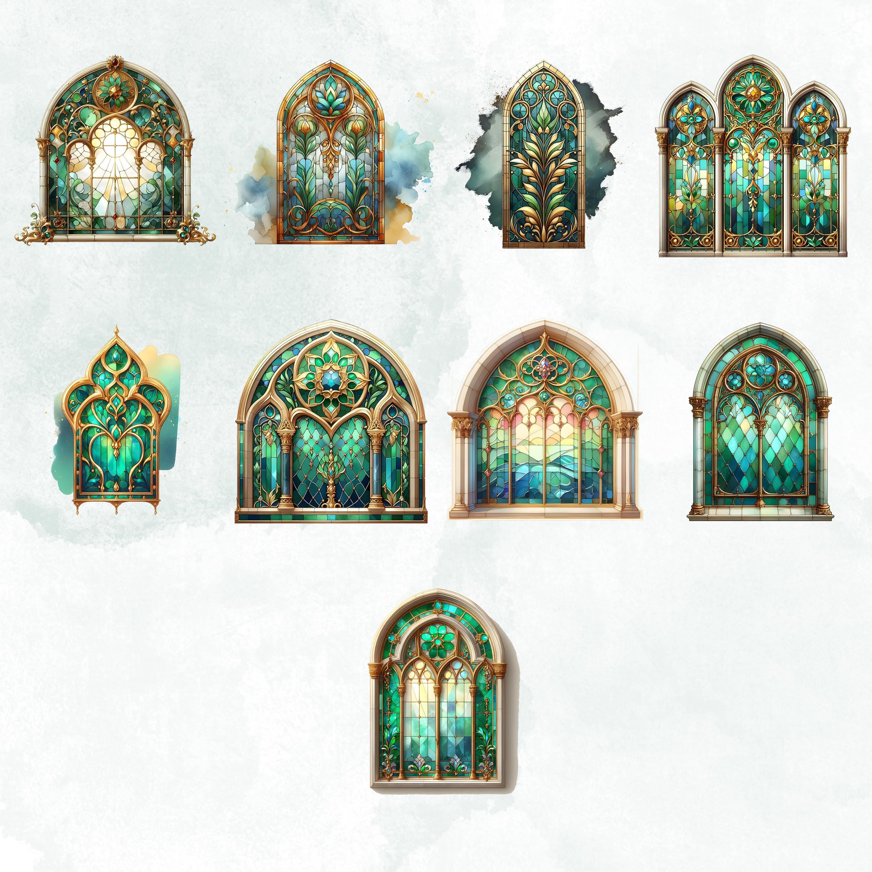 Emerald Stained Glass Window Clipart Collection, 33 Watercolor Pngs for ...
