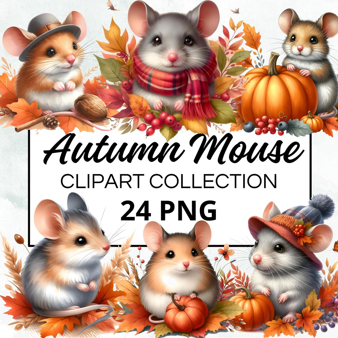 24 Clipart, Watercolor Autumn Mouse, Watercolor Clipart, PNG Format ...
