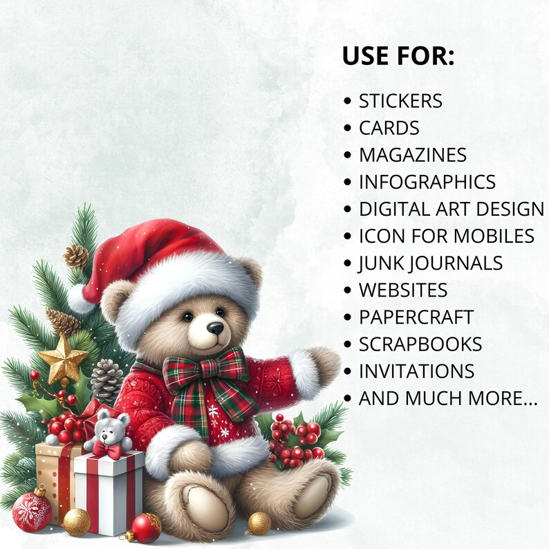 Christmas Teddy Bear Clipart Collection, 24 Watercolor Pngs for Instant ...