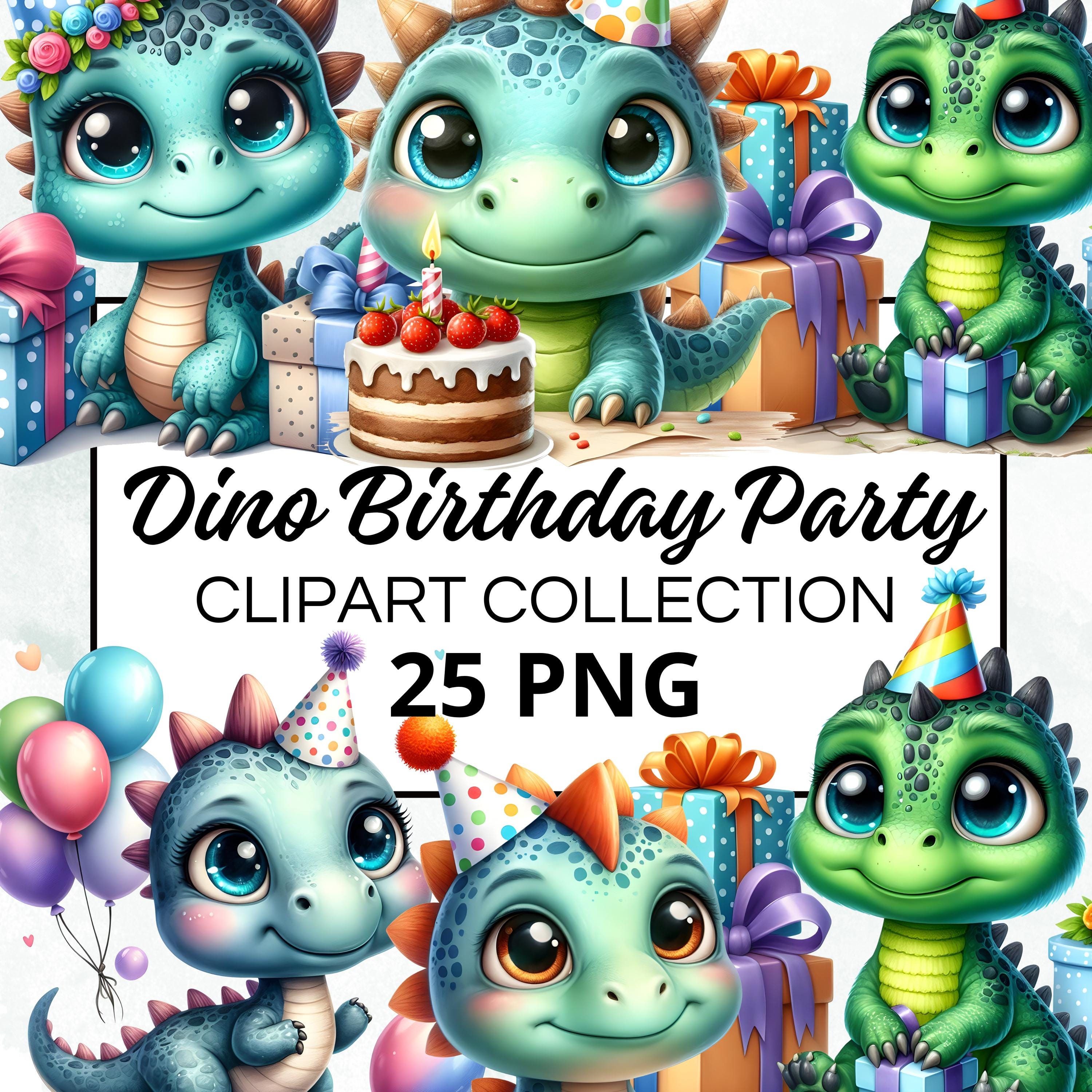 Dino Birthday Party Clipart Collection, 25 Watercolor Pngs for Instant ...