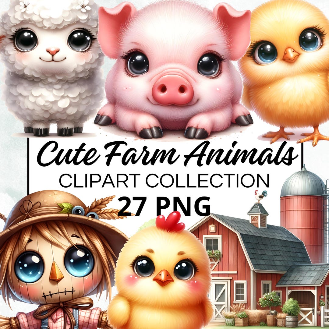 Cute Farm Animals Clipart Collection, 27 Watercolor Pngs for Instant ...