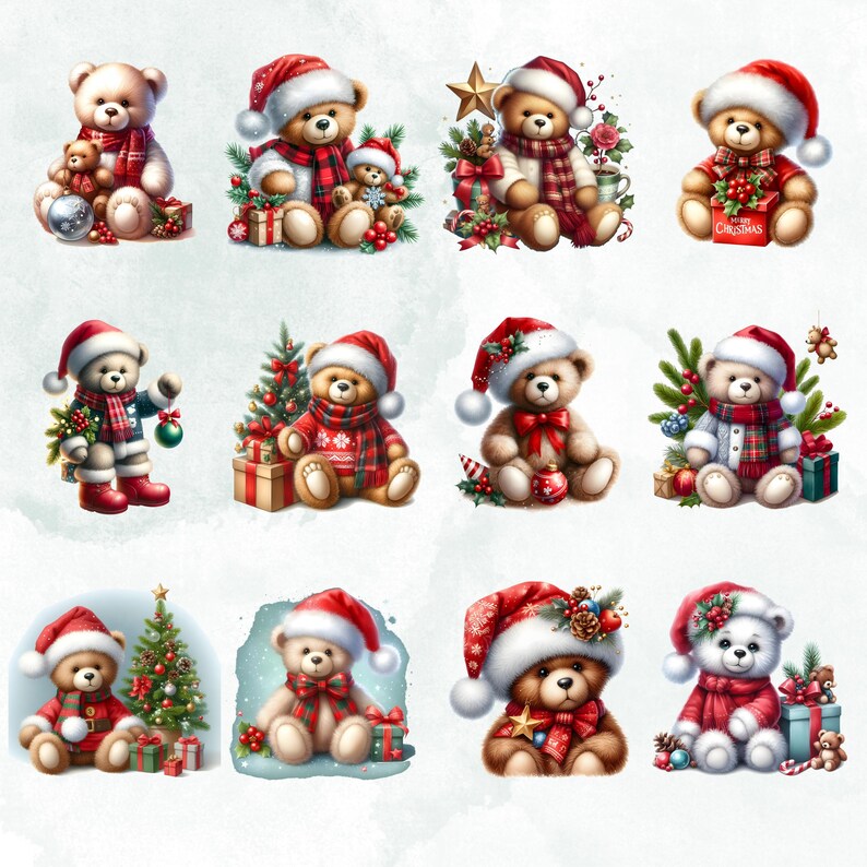 Christmas Teddy Bear Clipart Collection, 24 Watercolor Pngs for Instant ...
