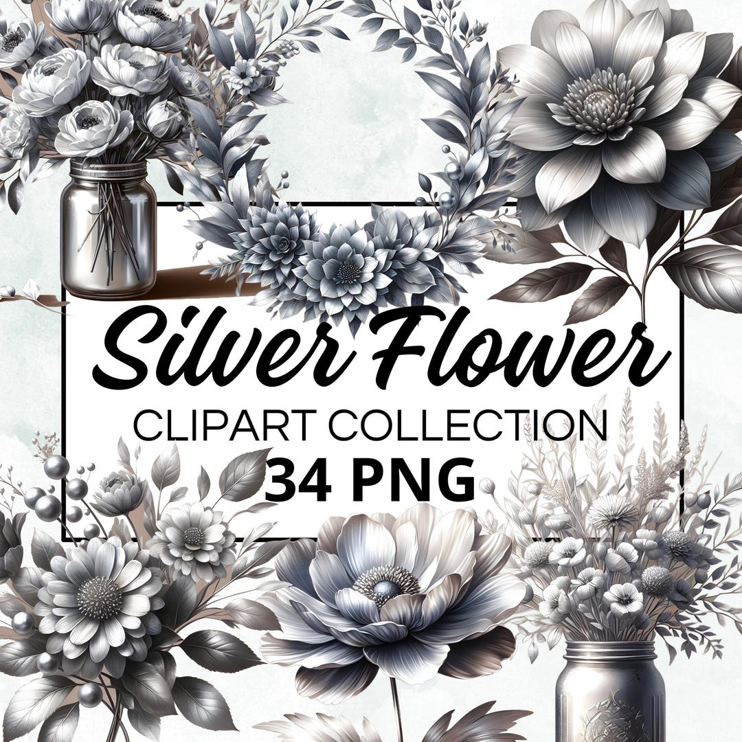 Flower Silver Clipart Collection, 34 Watercolor Pngs for Instant ...
