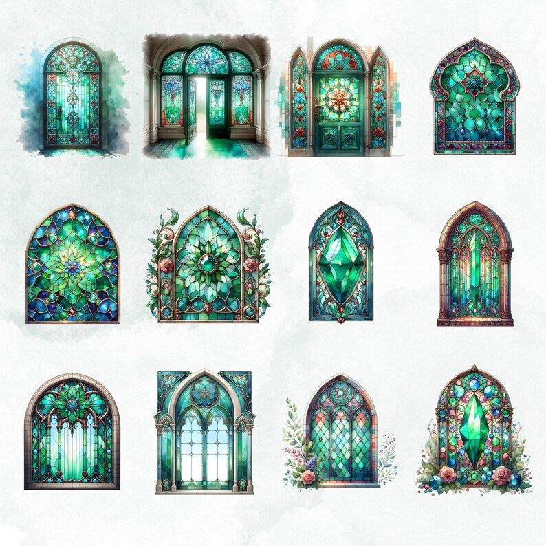 Emerald Stained Glass Window Clipart Collection, 33 Watercolor Pngs for ...